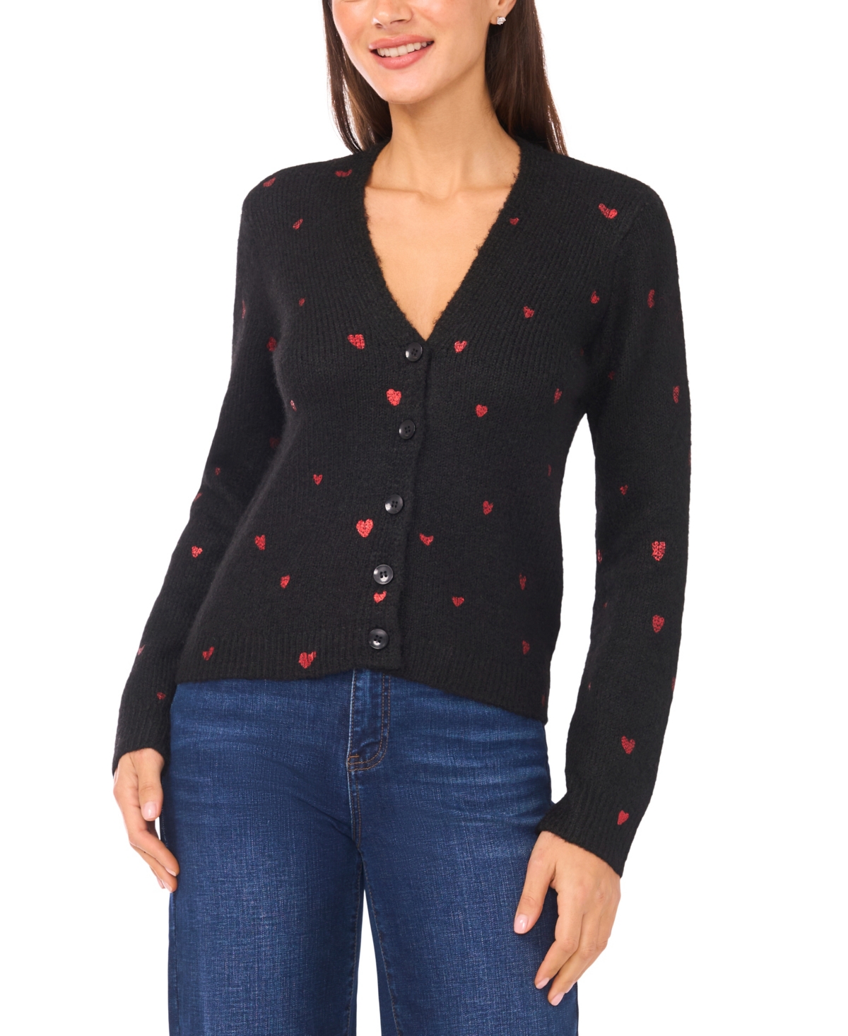 Click here for CeCe Womens V-Neck Foil Heart Cardigan - Rich Blac... prices