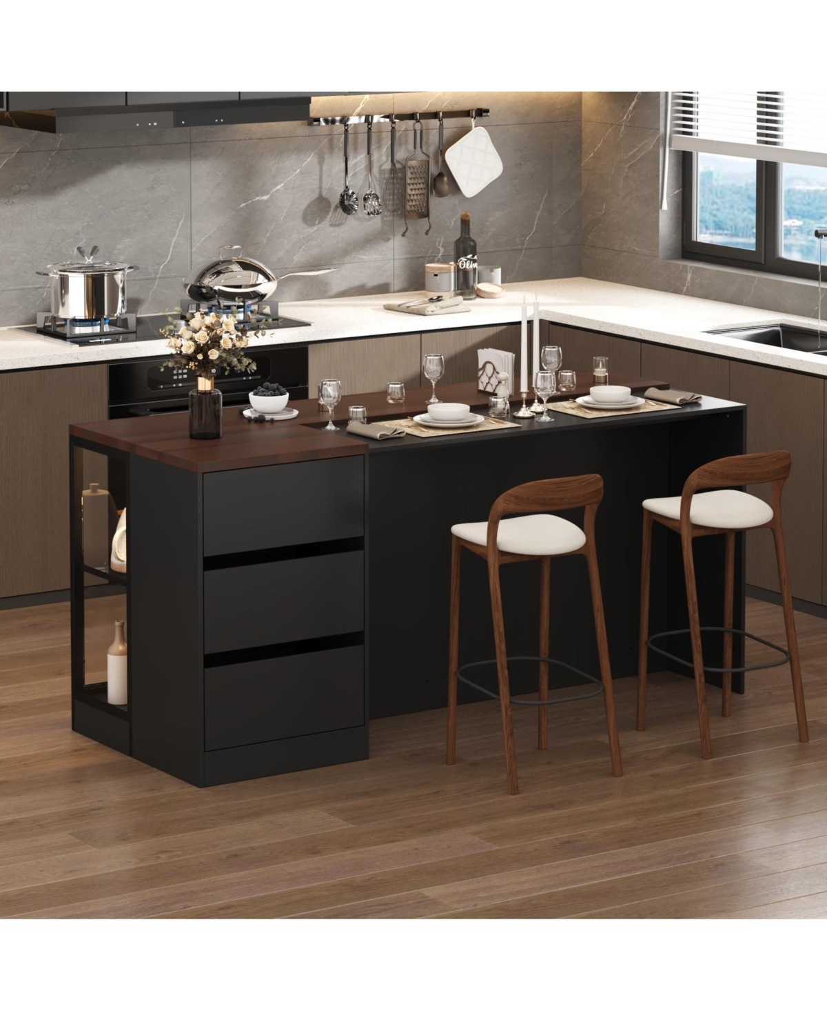 Click here for Kitchen island with 3 drawers  glass shelves  ligh... prices