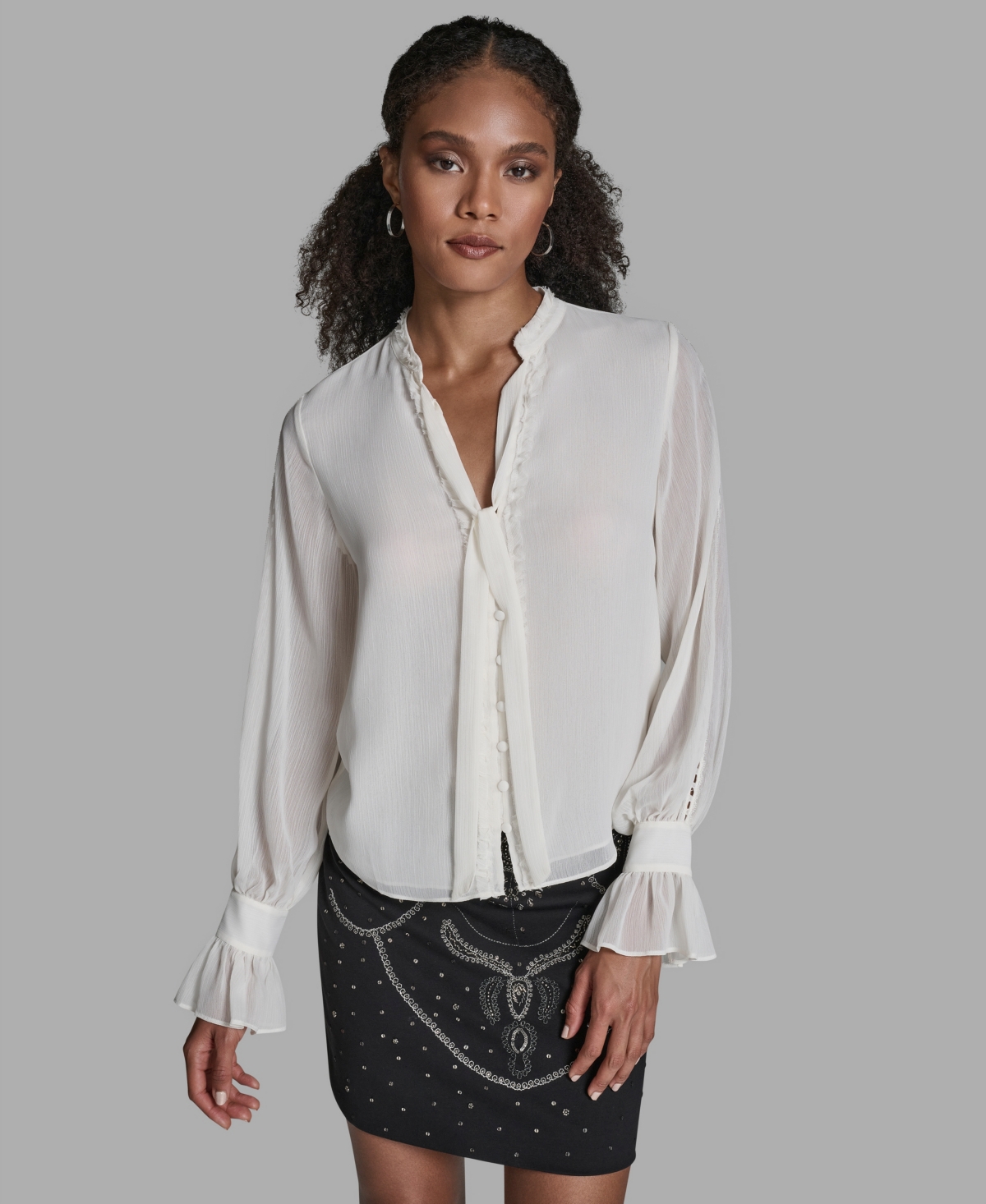 Click here for Bcbg Womens Long-Sleeve Tie-Neck Ruffle Cuff Blous... prices