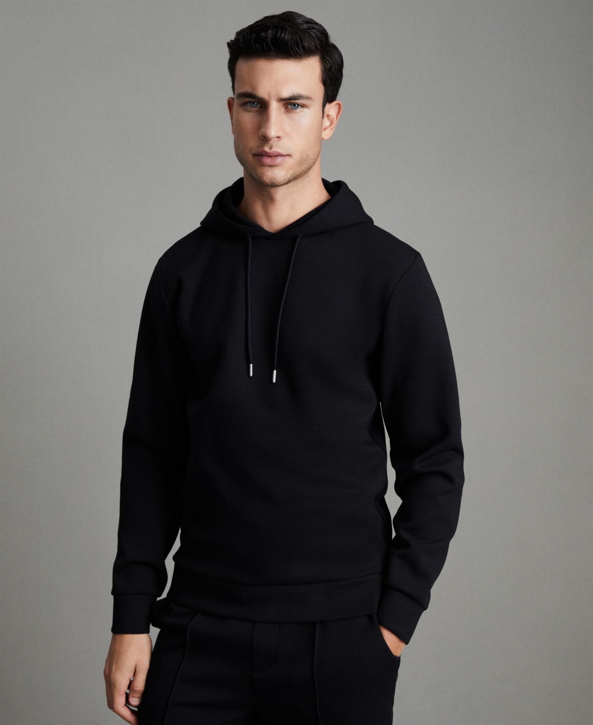 Reiss Mens Interlock Jersey Drawstring Hoodie - Navy Blue