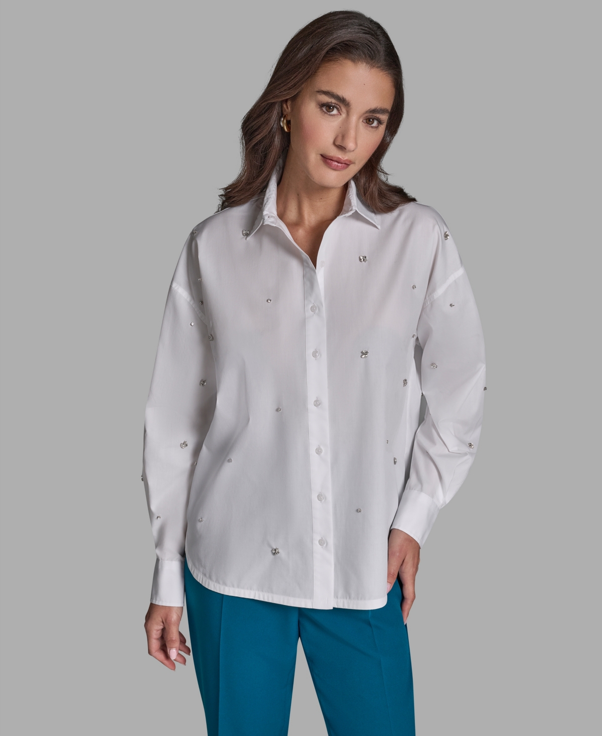 Click here for Bcbg Womens Rhinestone Button-Down Collared Top -... prices