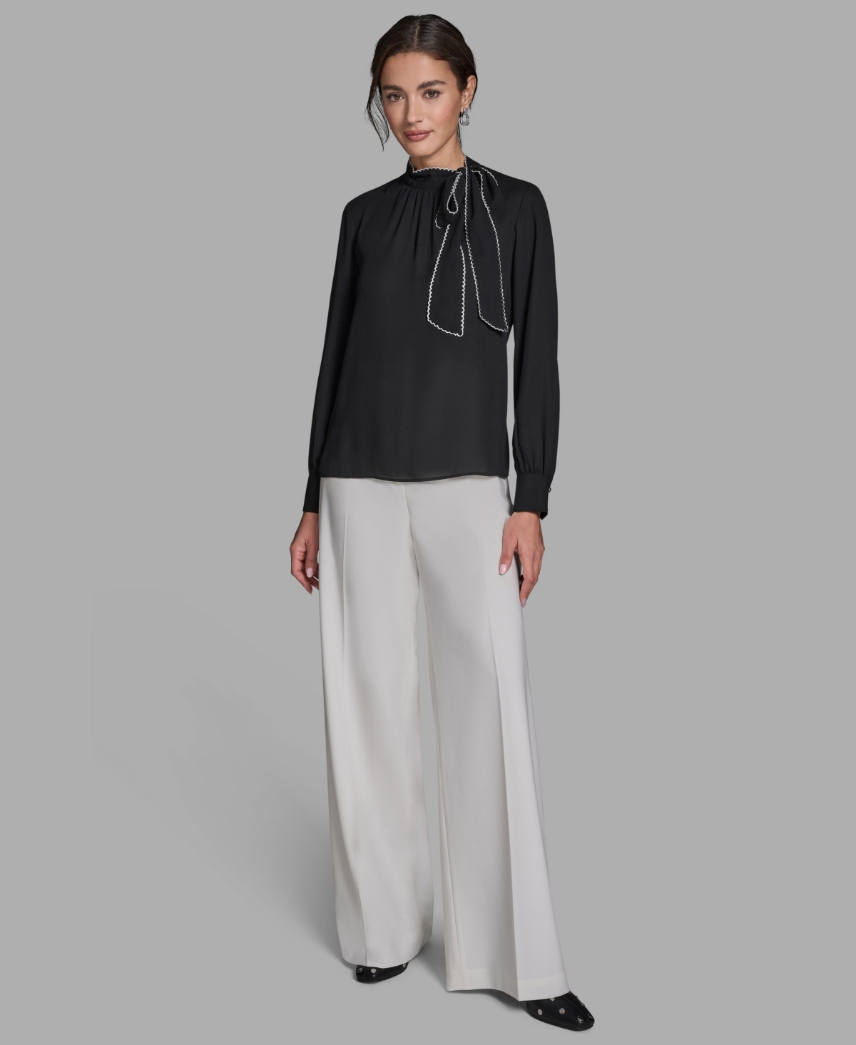 Click here for Bcbg Womens Long-Sleeve Tie Neck Top - Black/Whisp... prices