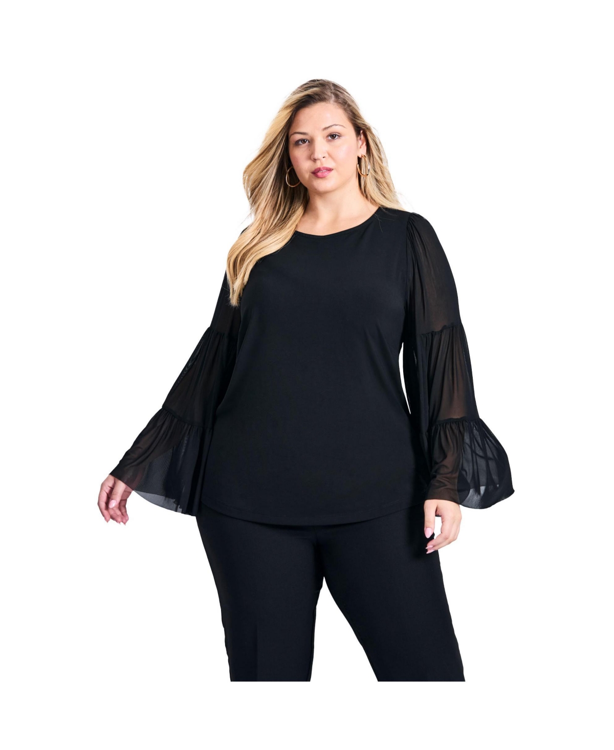 Click here for Avenue Womens Mylo Mesh Bell Sleeve Top - Black prices