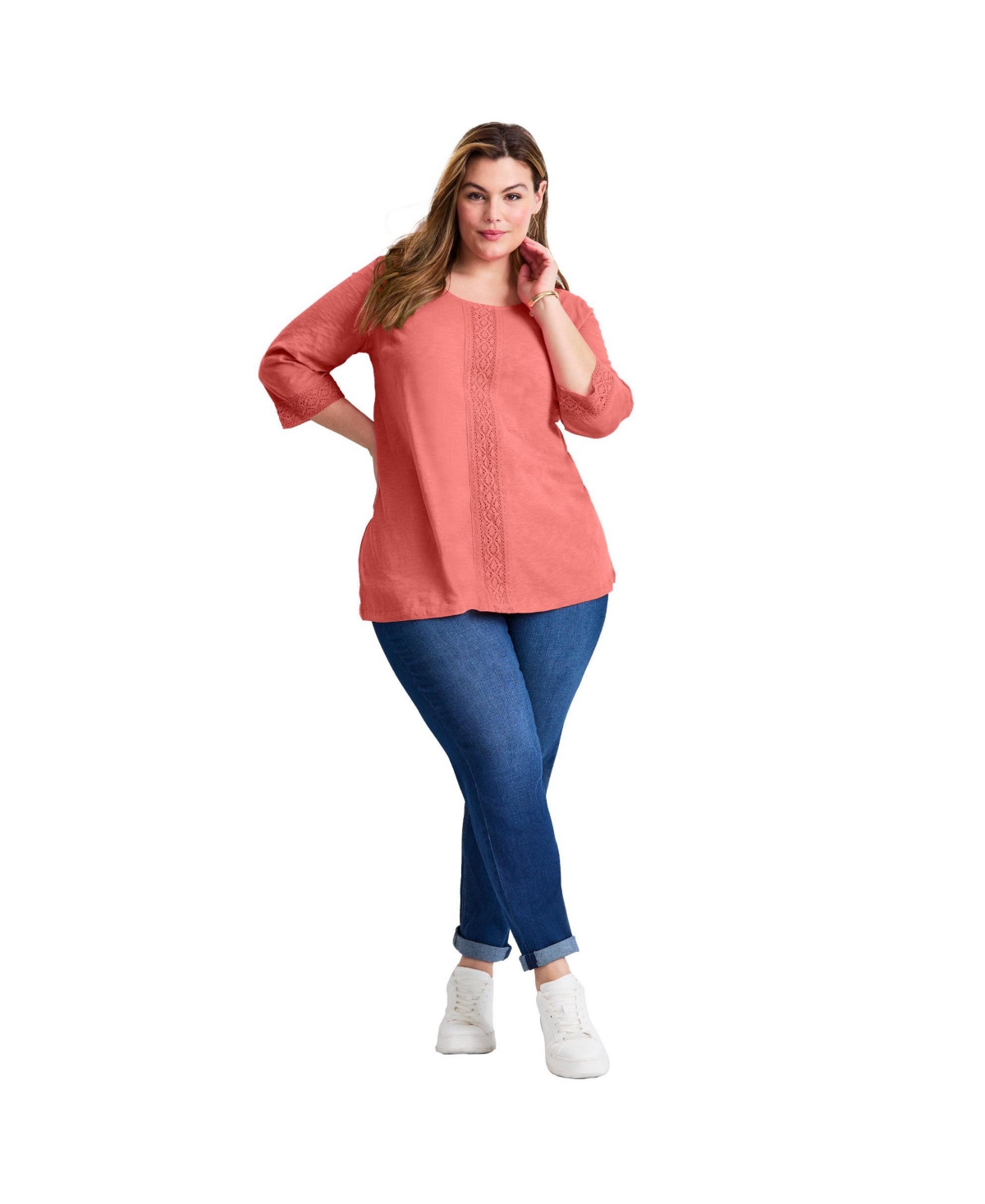 Click here for Avenue Womens Crochet Trim Tunic - Sweet coral prices