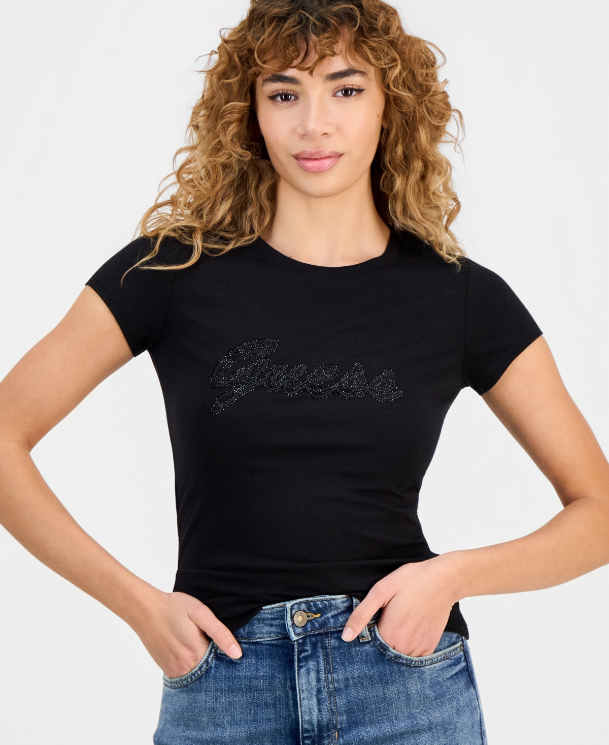 Click here for Guess Womens Rhinestone Logo T-Shirt - Jet Black A... prices