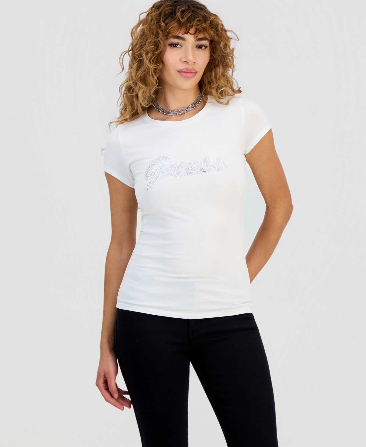 Click here for Guess Womens Rhinestone Logo T-Shirt - Pure White prices
