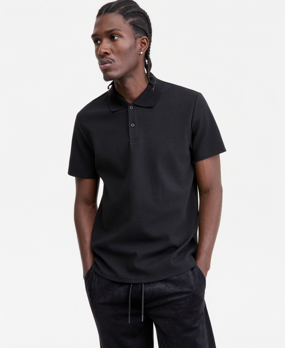 Click here for Guess Mens Waffle-Knit Polo Shirt - Jet Black A996 prices
