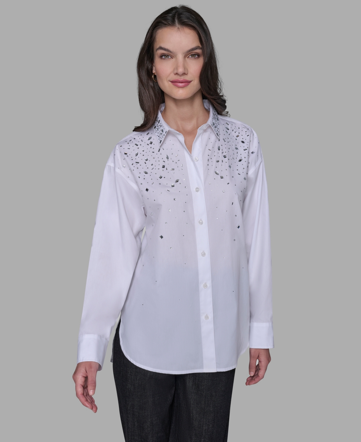 Click here for Karl Lagerfeld Paris Womens Hot Fix Poplin Top - S... prices