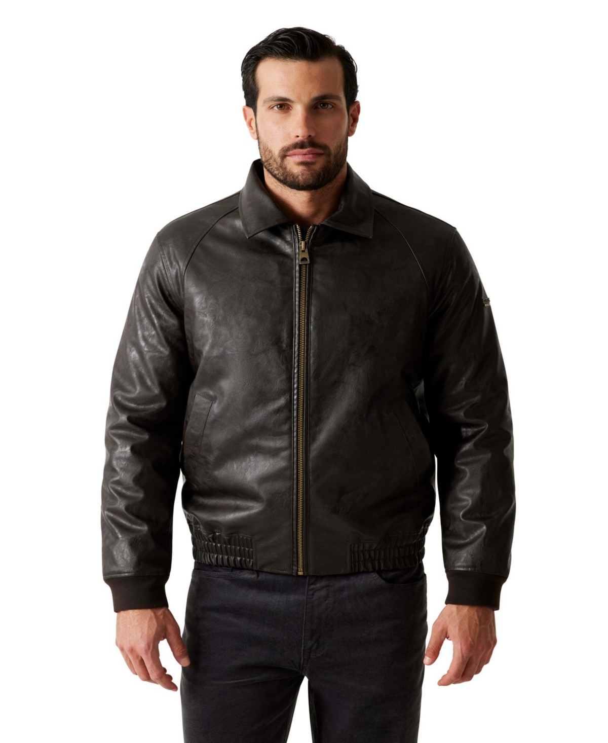 Click here for Guess Mens Aviator Zip-Front Jacket - Dark Brown prices