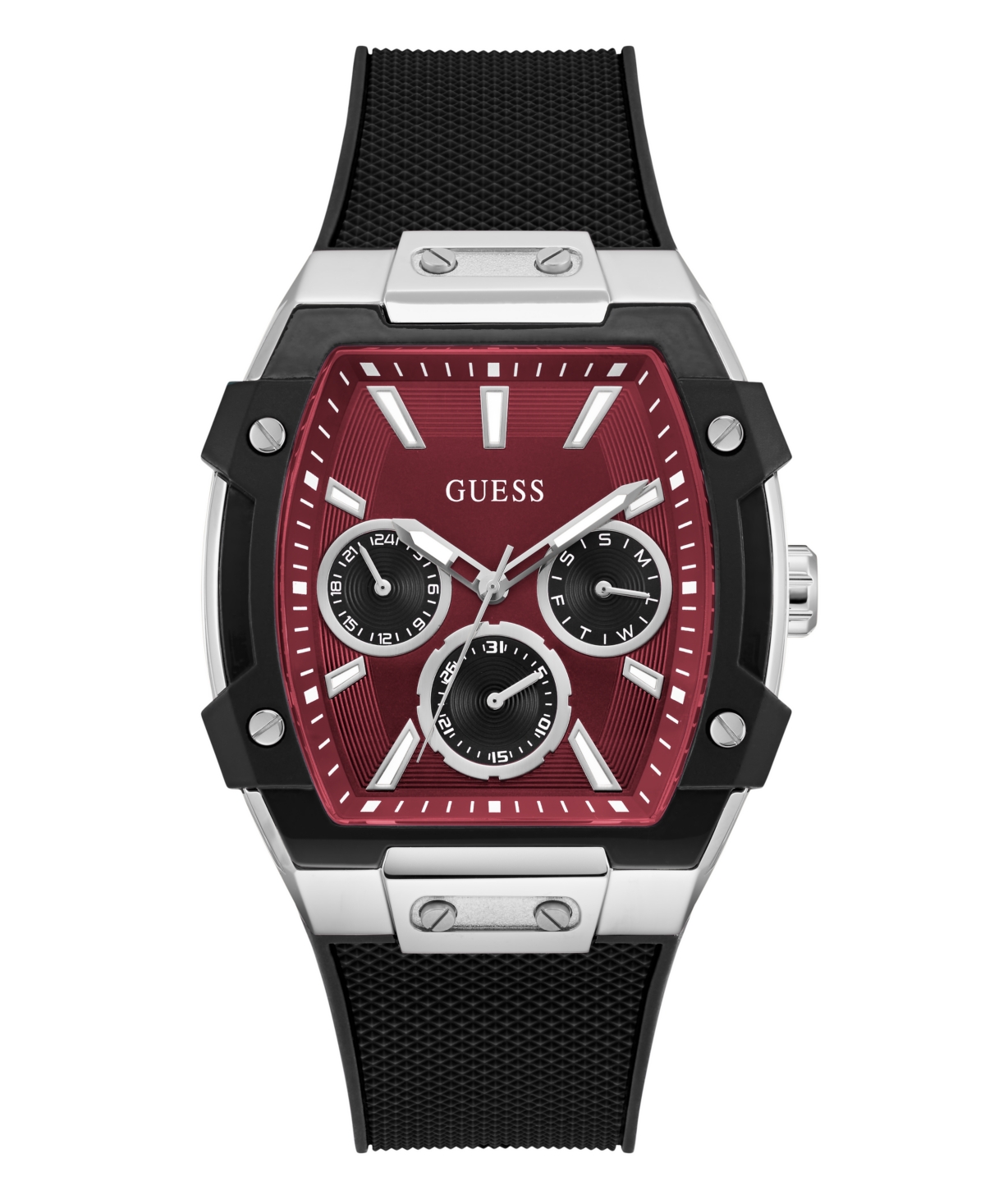 Click here for Guess Mens Silver-Tone Black Silicone Multi-Functi... prices