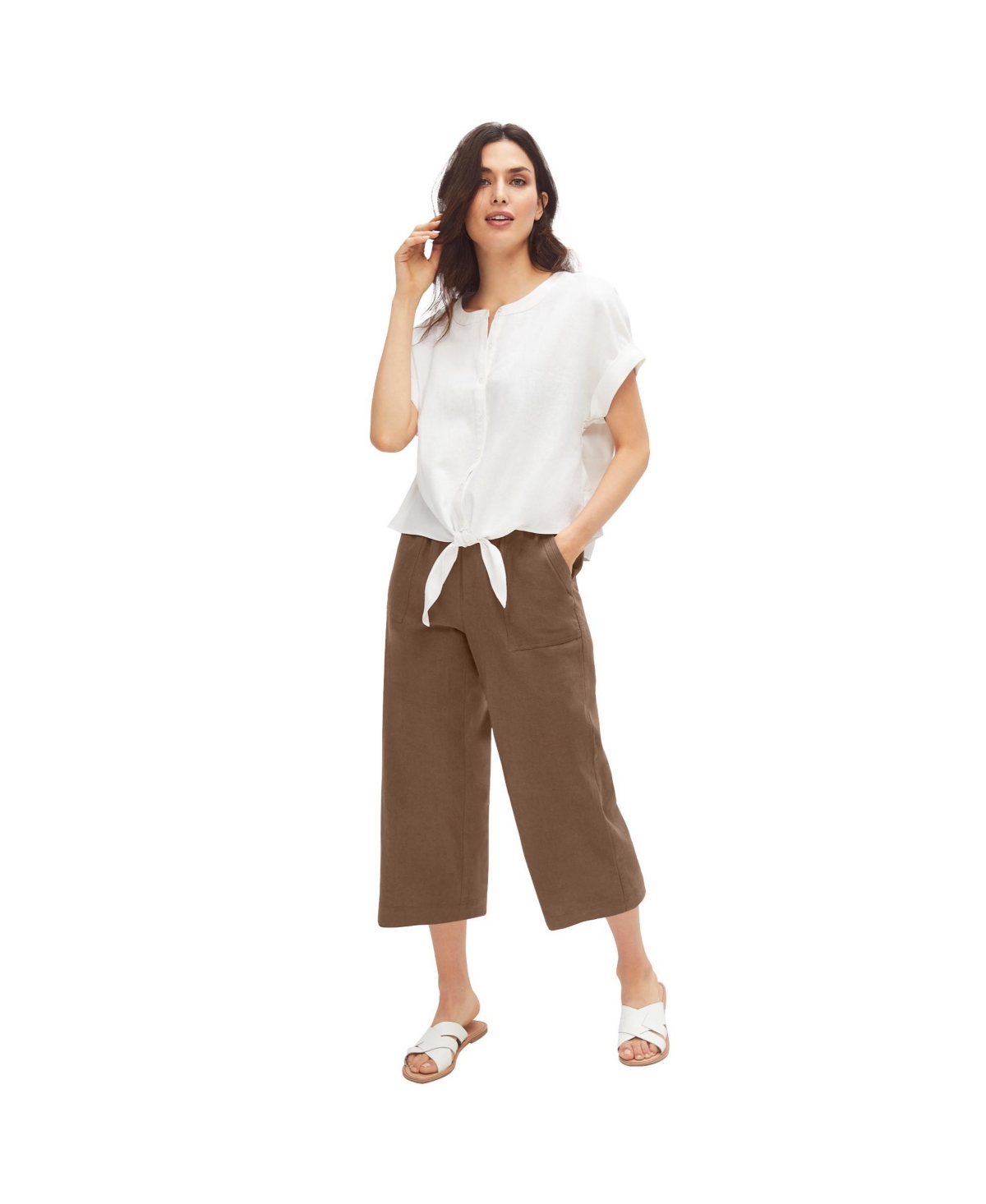 Click here for ellos Womens Linen-Blend Drawstring Capris - Pecan... prices