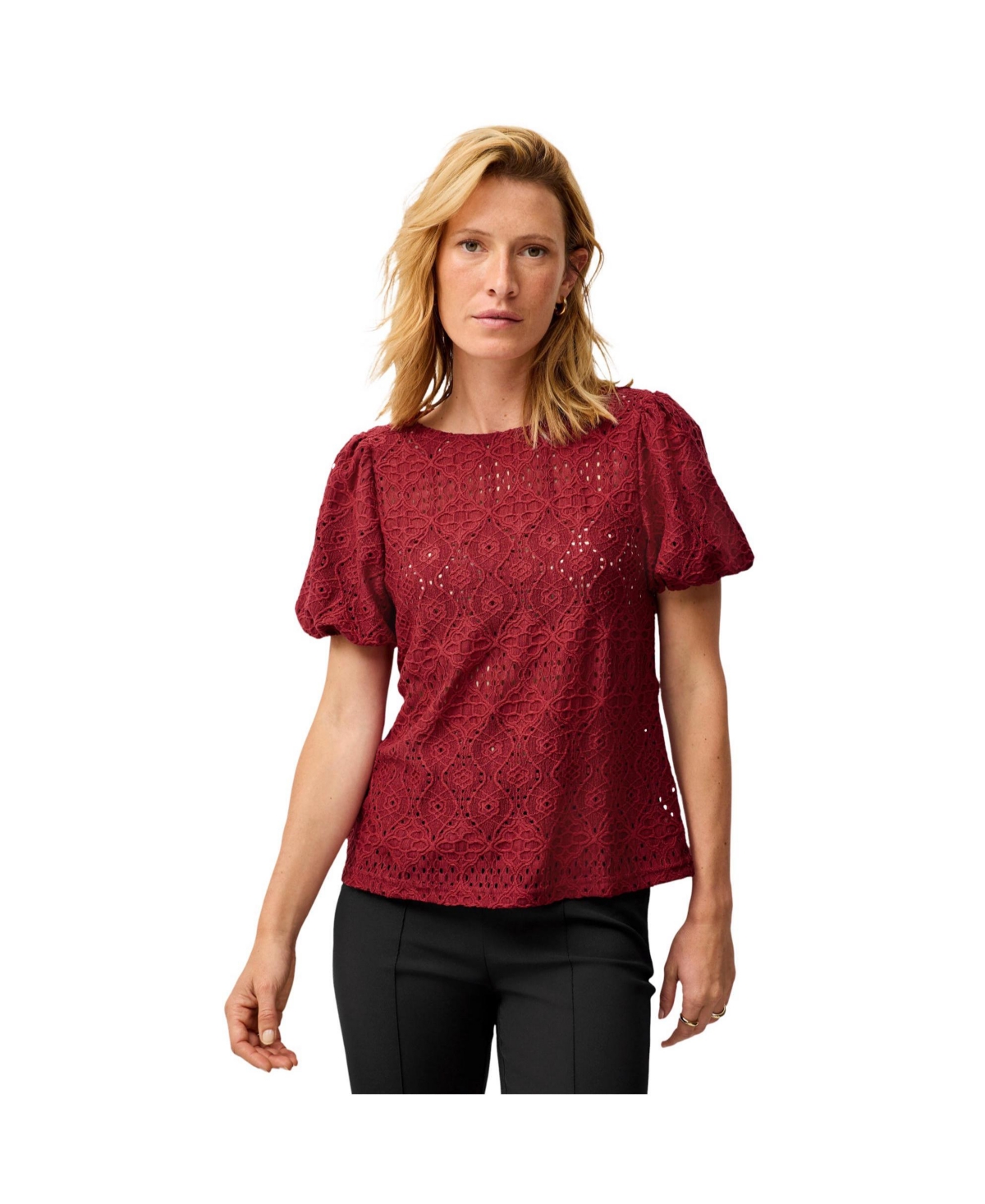 Click here for ellos Womens Short Puff Sleeve Lace Tee - Maroon r... prices