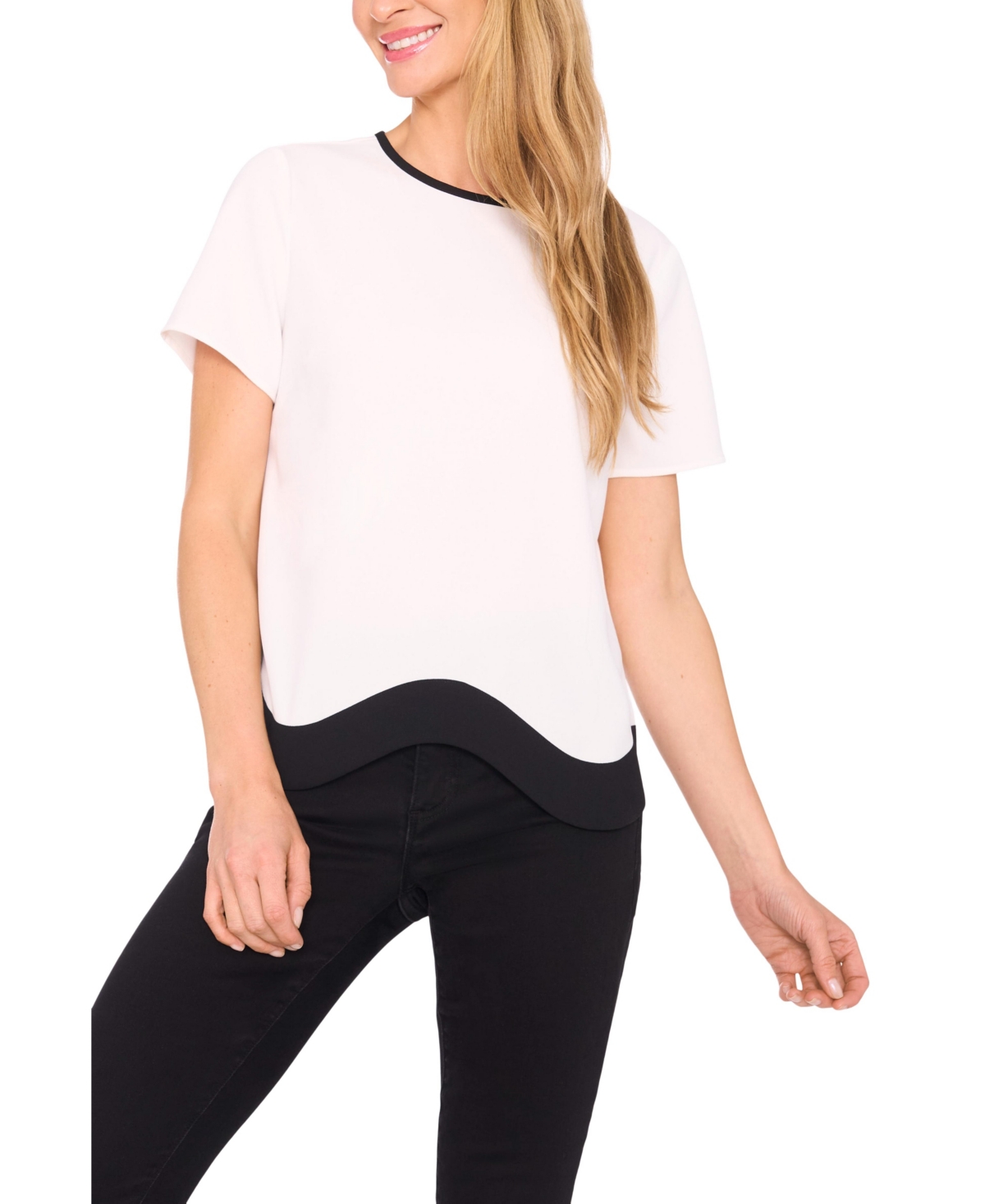 Click here for CeCe Womens Contrast-Hem Short-Sleeve Blouse - New... prices