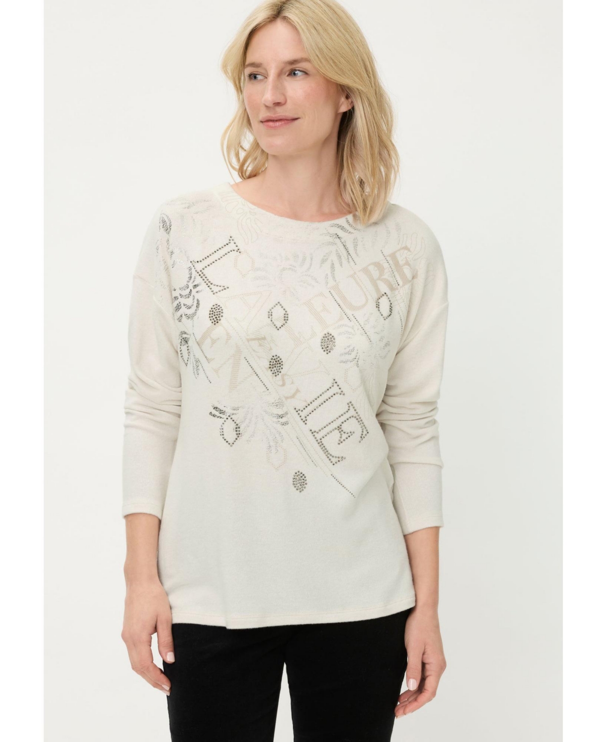 Click here for Olsen Womens Embellished Mixed Motif Jersey Top -... prices