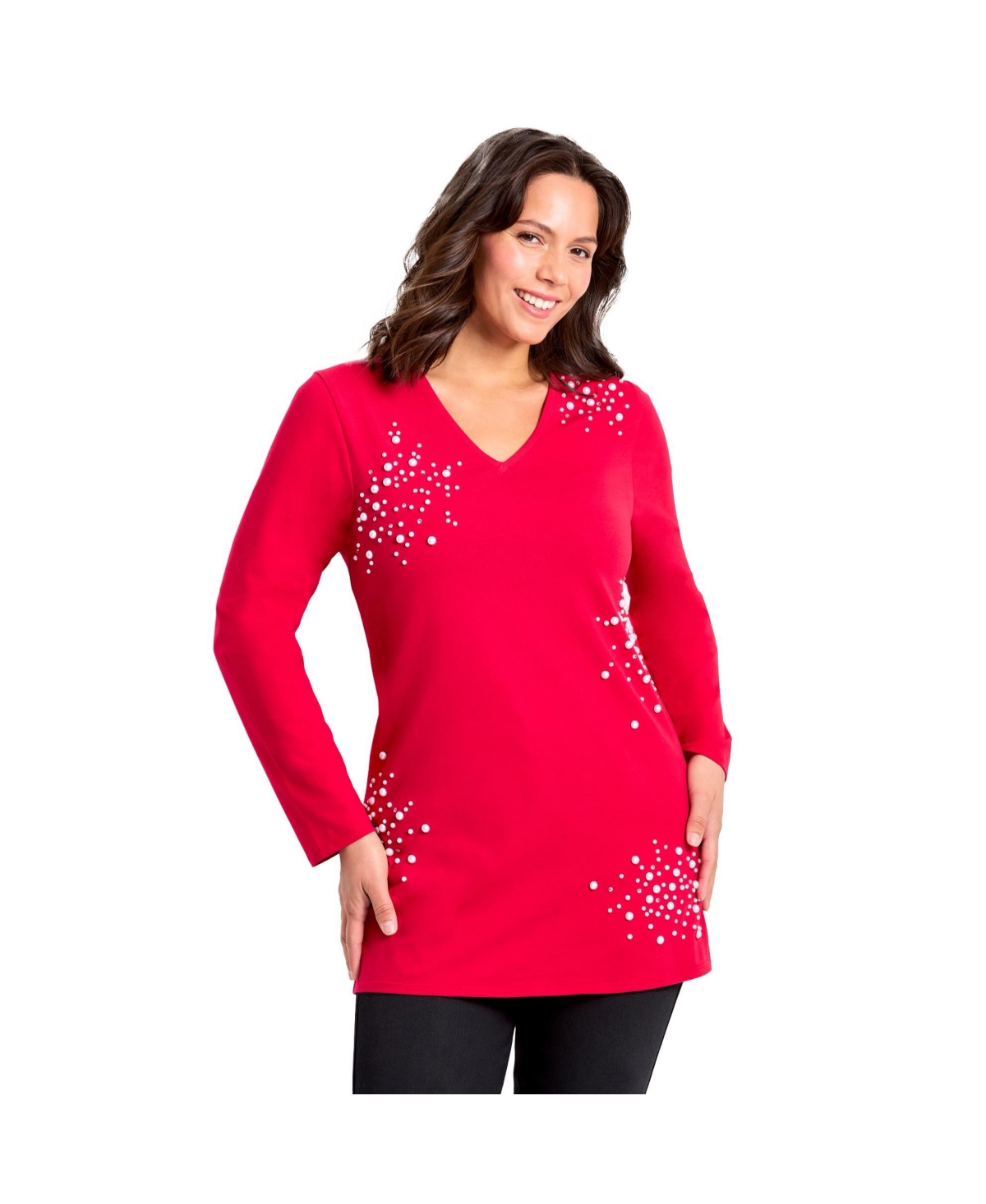 Click here for Avenue Womens Embellished V-Neck Tunic - Red gem prices