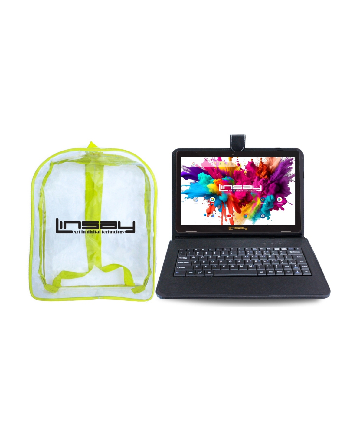 New Linsay 10.1" Tablet Octa-Core 128GB storage with Exclusive Black Leather Keyboard and Backpack Newest Android 14 - Black