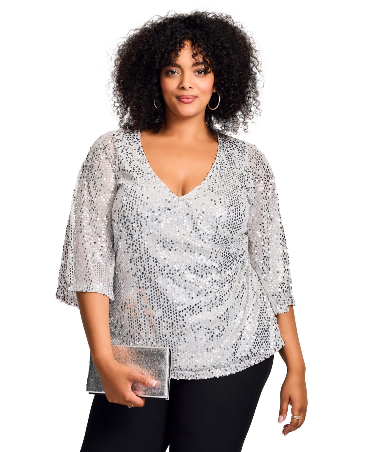 Click here for Avenue Womens Faux Wrap Sequin Top - Silver sequin prices