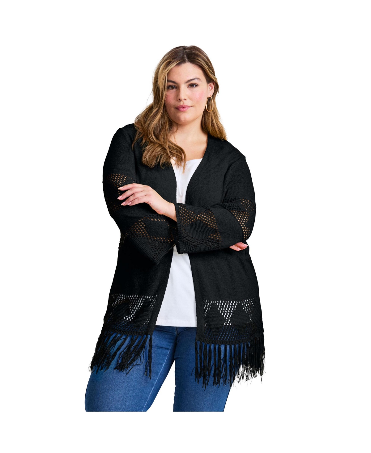 Click here for Avenue Womens Plus Size Pointelle Fringe Cardigan... prices