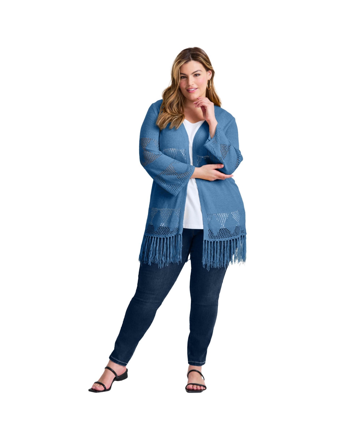 Click here for Avenue Womens Plus Size Pointelle Fringe Cardigan... prices