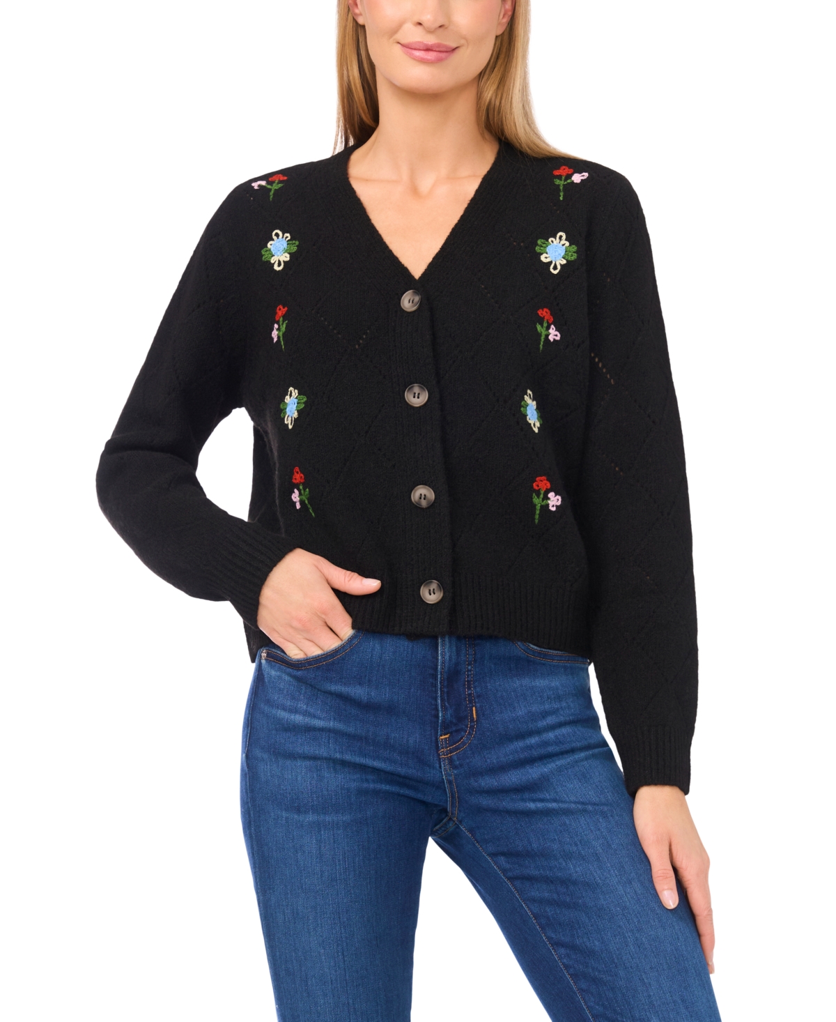 Click here for CeCe Womens Flower Embroidery Long-Sleeve Cardigan... prices