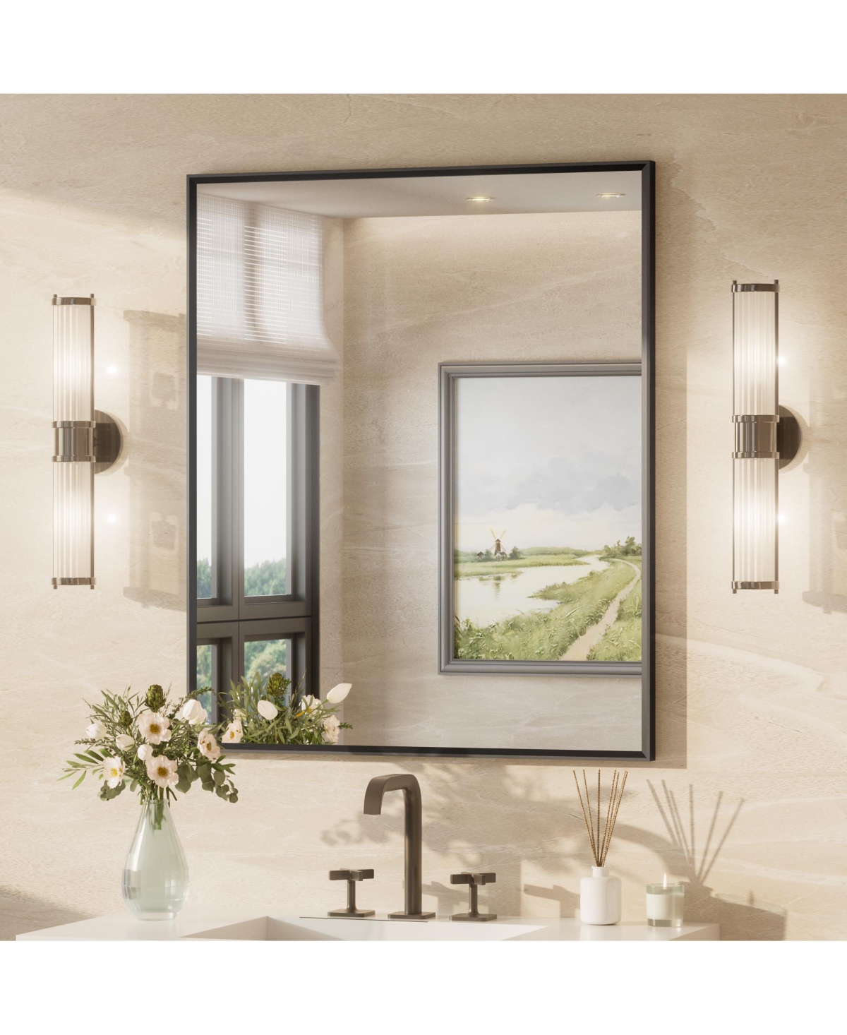 Click here for Keonjinn Inch Brushed Black Bathroom Vanity Mirror... prices