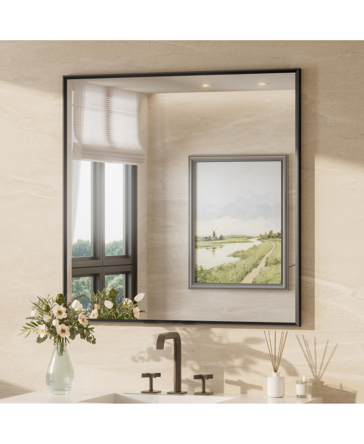 Click here for Keonjinn Inch Brushed Black Bathroom Vanity Mirror... prices