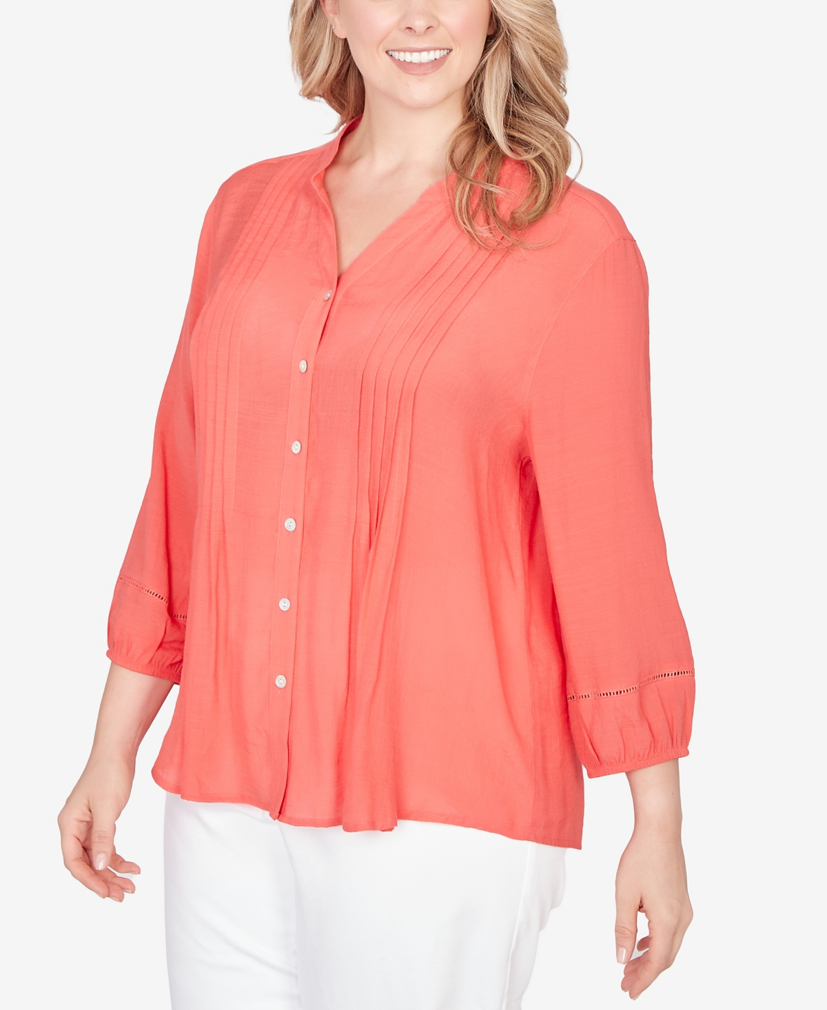 Click here for Ruby Rd. Plus Size Solid Silky Slub Pleated Button... prices