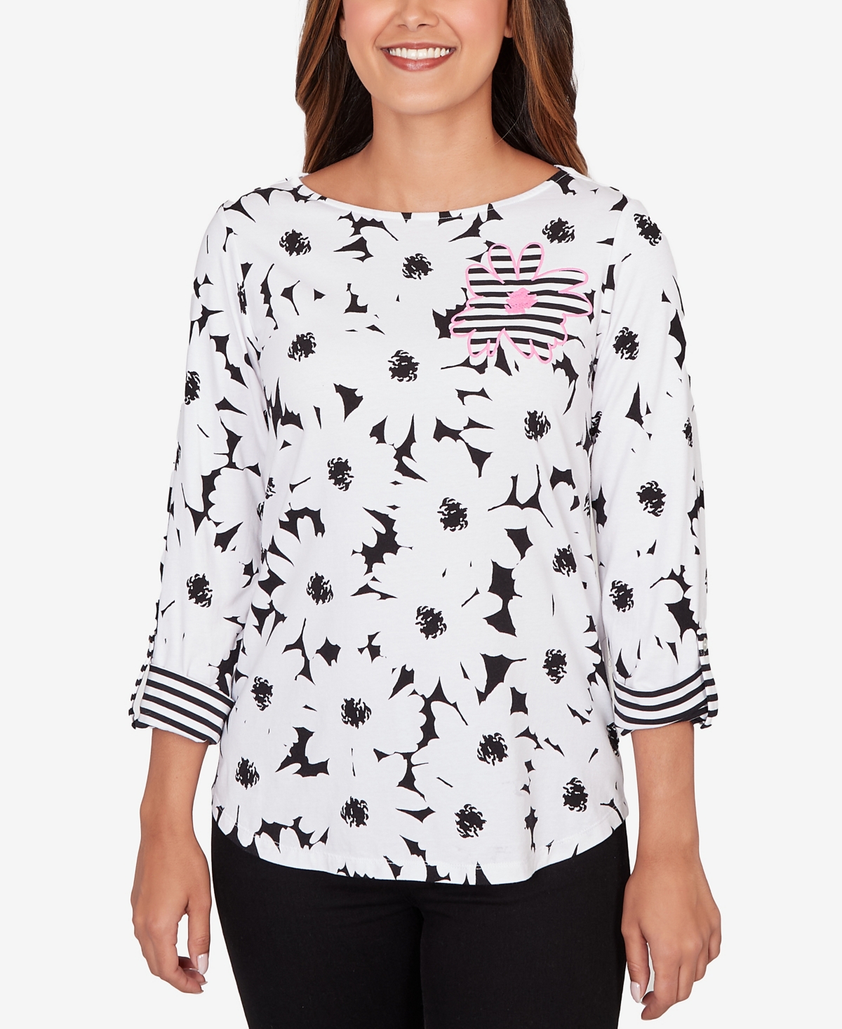 Click here for Ruby Rd. Petite Embroidered Daisy Graphic Top - Bl... prices