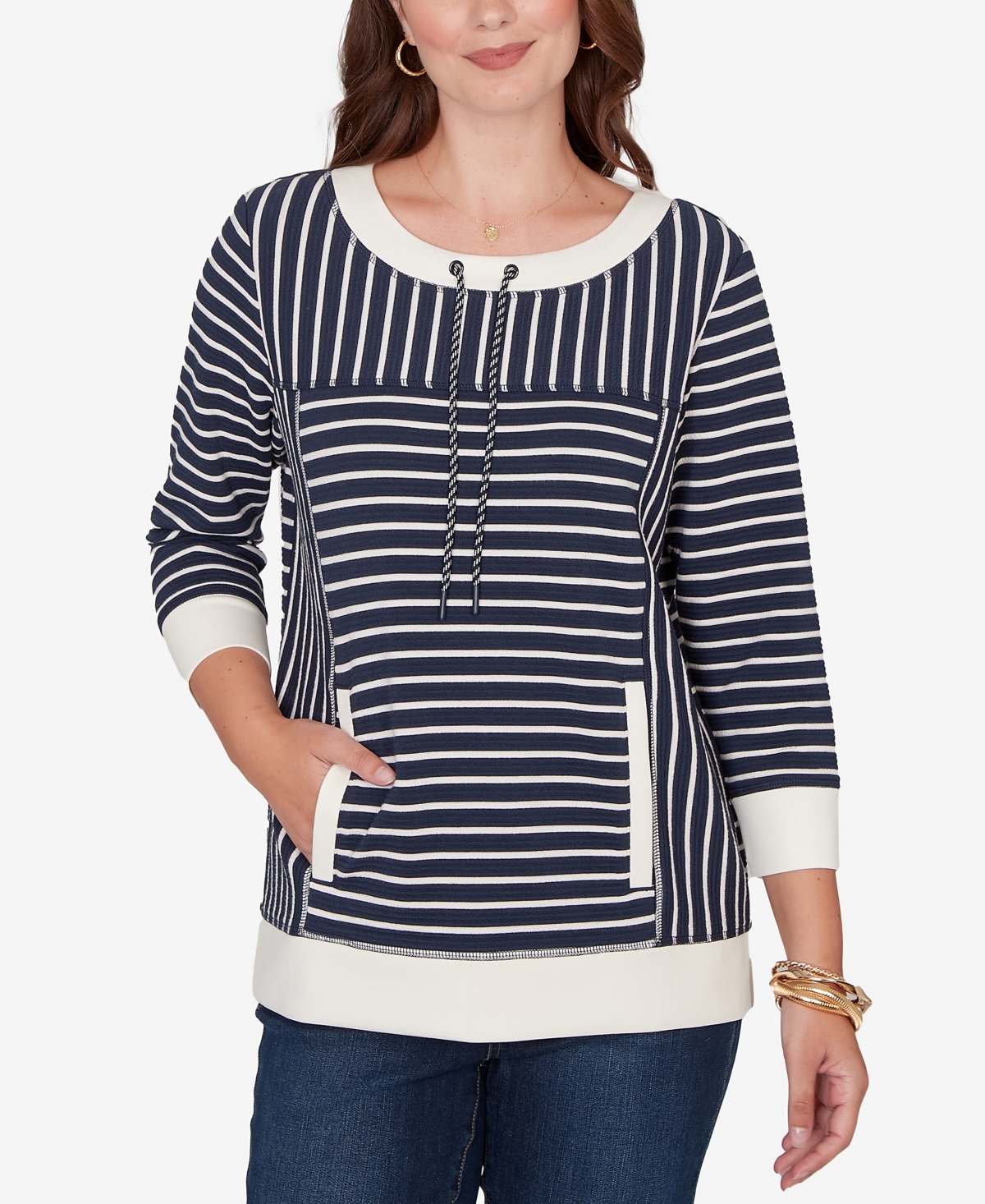 Click here for Ruby Rd. Petite Striped Popover Pocket Top - Navy... prices