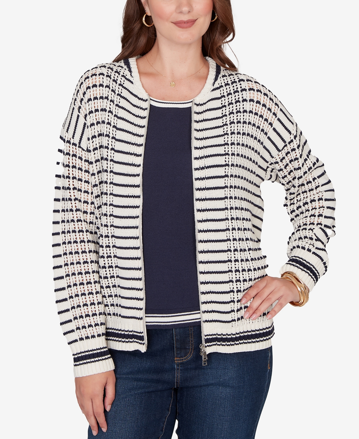 Click here for Ruby Rd. Petite Mesh Stitch Zip Sweater Jacket - I... prices