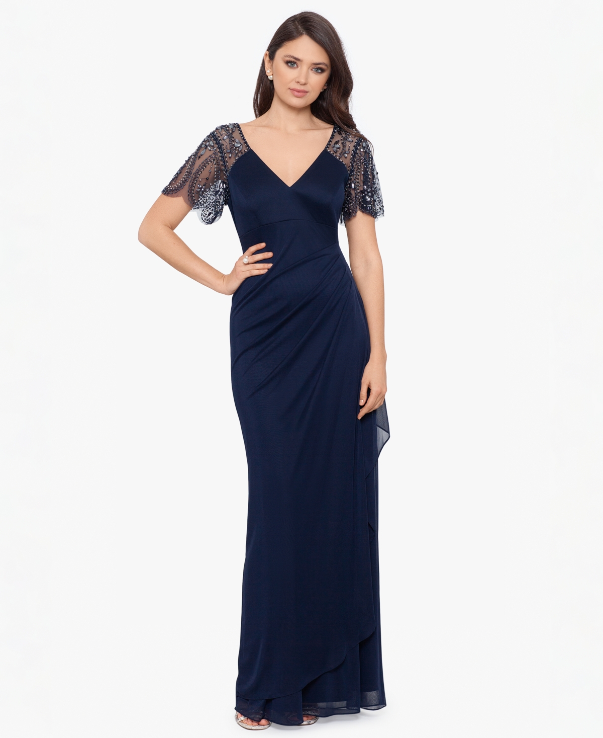Click here for Xscape Petite Embellished Chiffon Gown - Navy prices