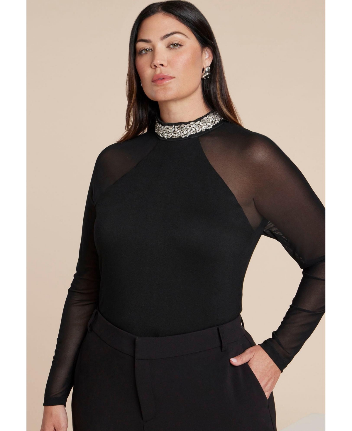 Click here for Eloquii Womens Embellished With Sheer Sleeves Top... prices