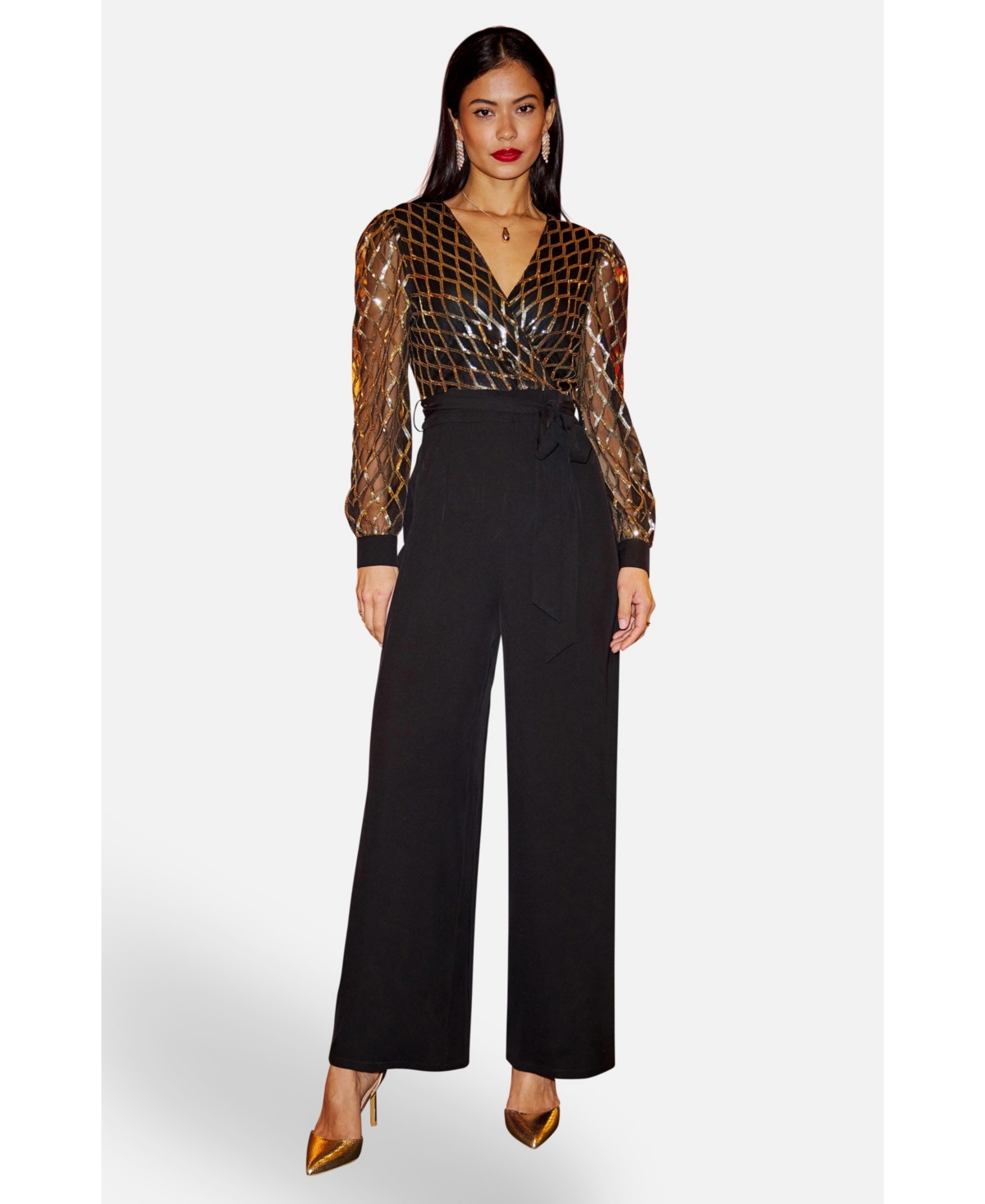 Click here for Yumi Womens Sequin Wrap Over Jumpsuit - Black prices
