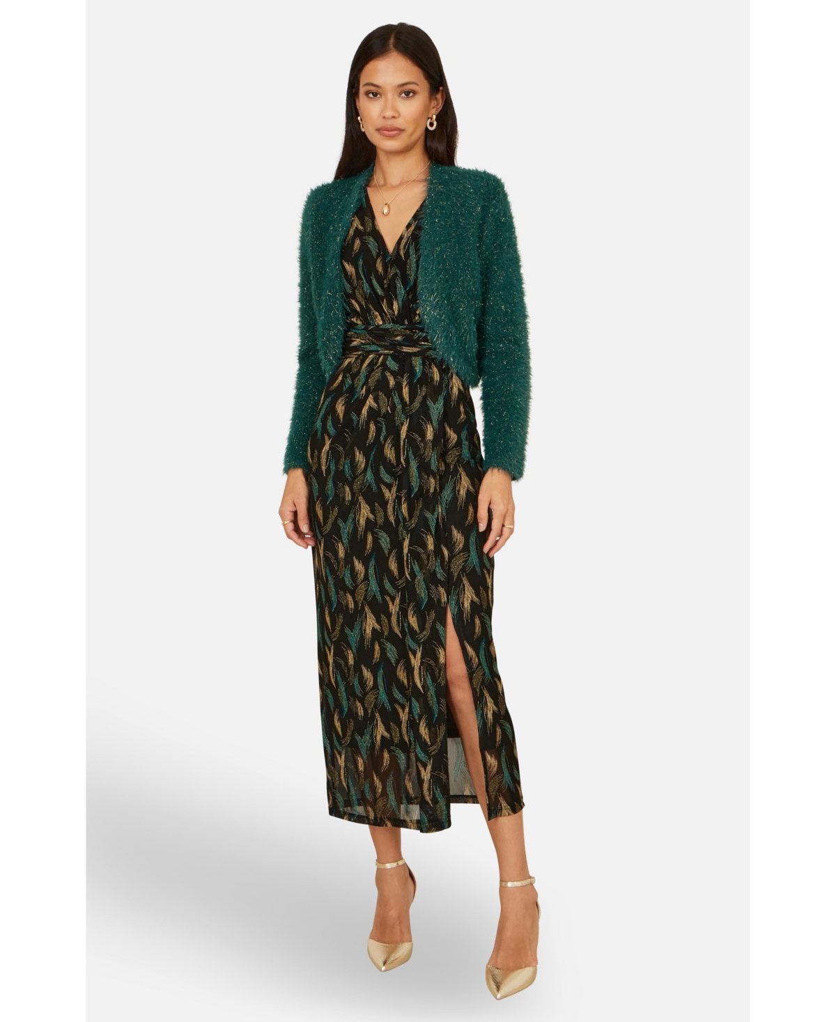 Click here for Yumi Womens Metallic Fluffy Eyelash Bolero - Green prices