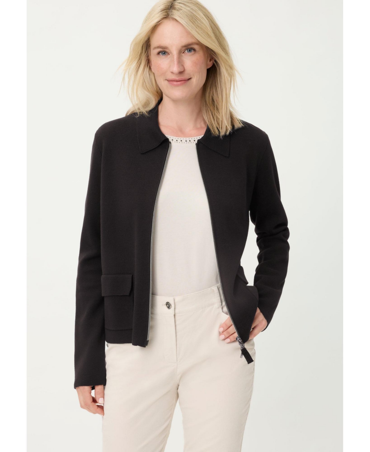Click here for Olsen Womens Collared Zip Front Cardigan - Black prices