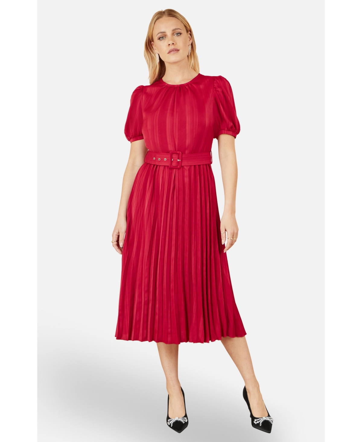 Click here for Yumi Womens Striped Satin Midi Dress Stylish Belte... prices