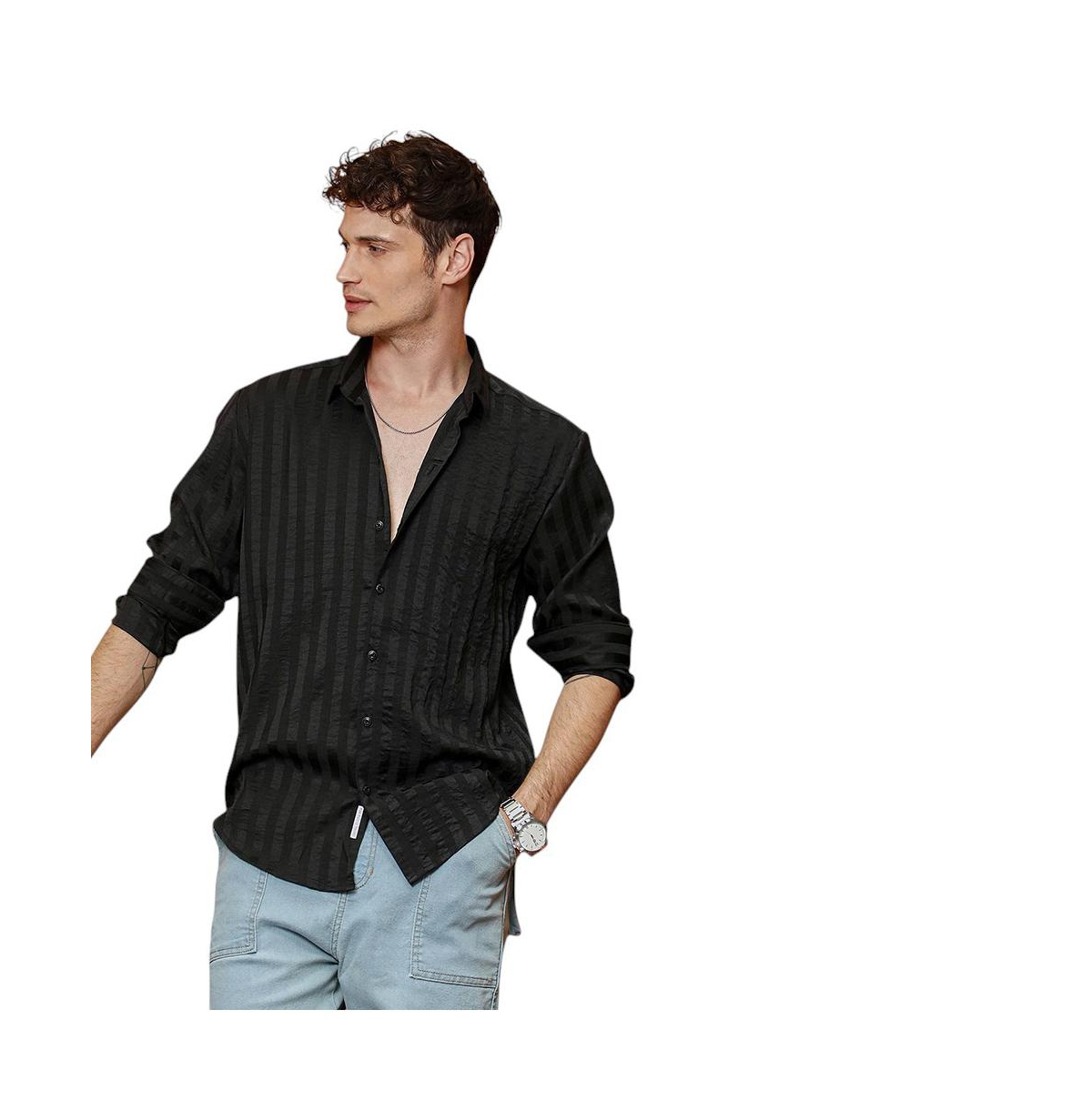 Click here for Campus Sutra Mens Onyx Black Candy-Striped Shirt -... prices