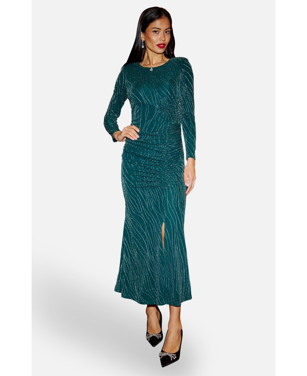 Click here for Yumi Womens Mesh Fitted Ruched Midi Dress - Green prices