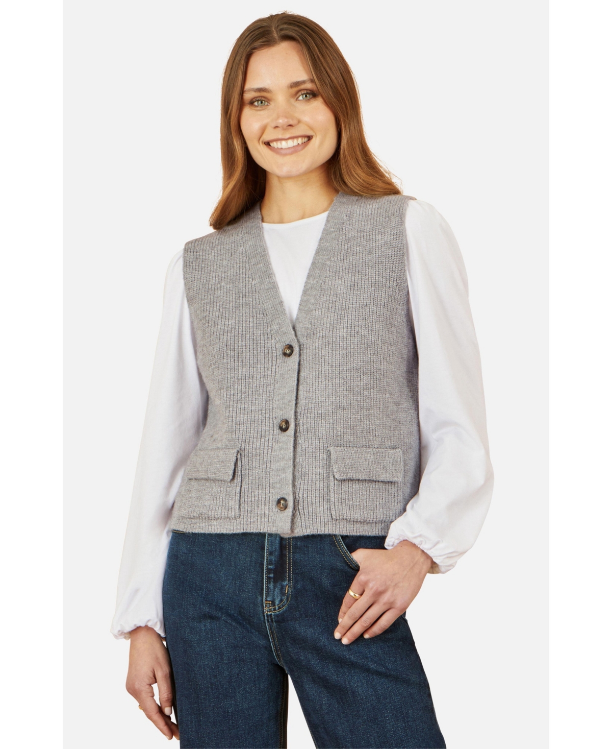 Click here for Yumi Womens Knitted Pullover Waistcoat - Grey prices