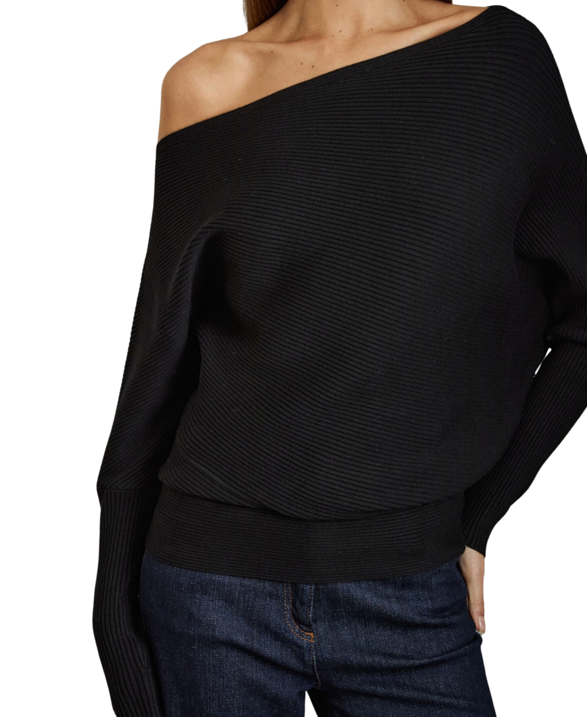 Click here for Reiss Womens Asymmetric Drape Knitted Top - Black prices