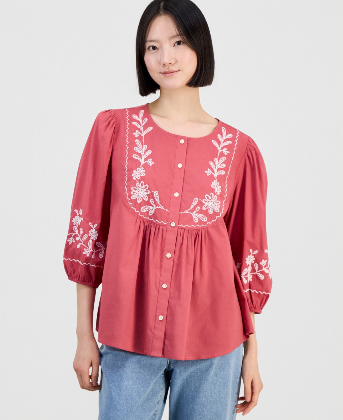 Click here for Style & Co Womens Cotton Embroidered Button Blouse... prices