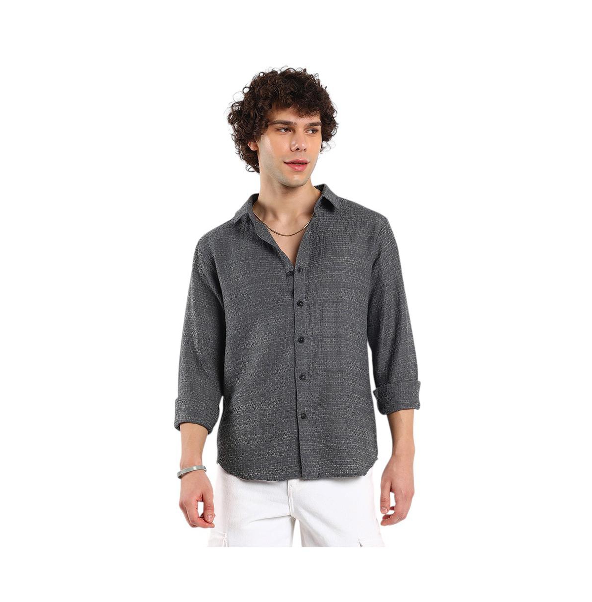 Click here for Campus Sutra Mens Solid Textured Knit Shirt - Grey prices