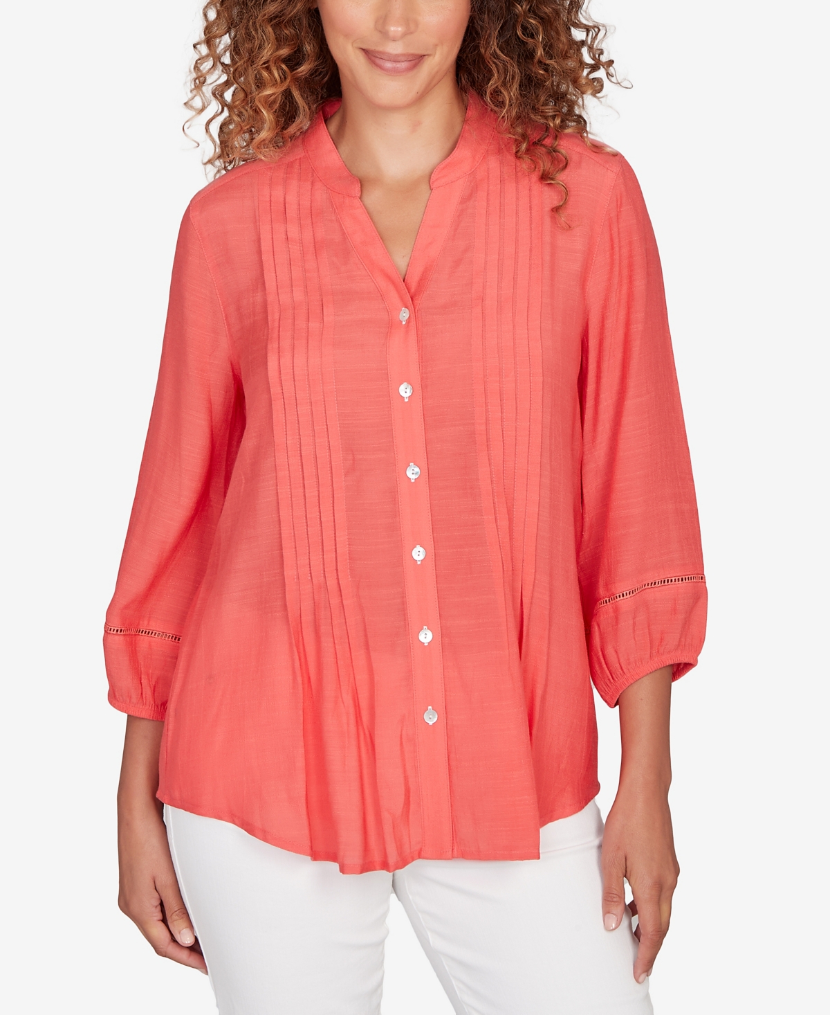 Click here for Ruby Rd. Petite Solid Silky Slub Pleated Button Fr... prices