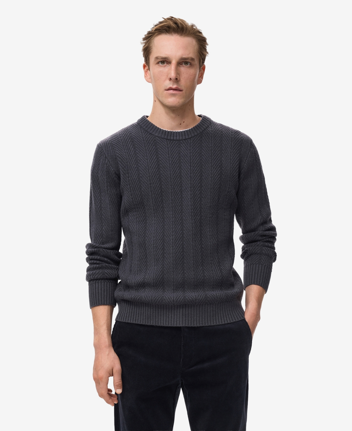 Click here for Mango Mens Herringbone Structured Sweater - Indigo... prices