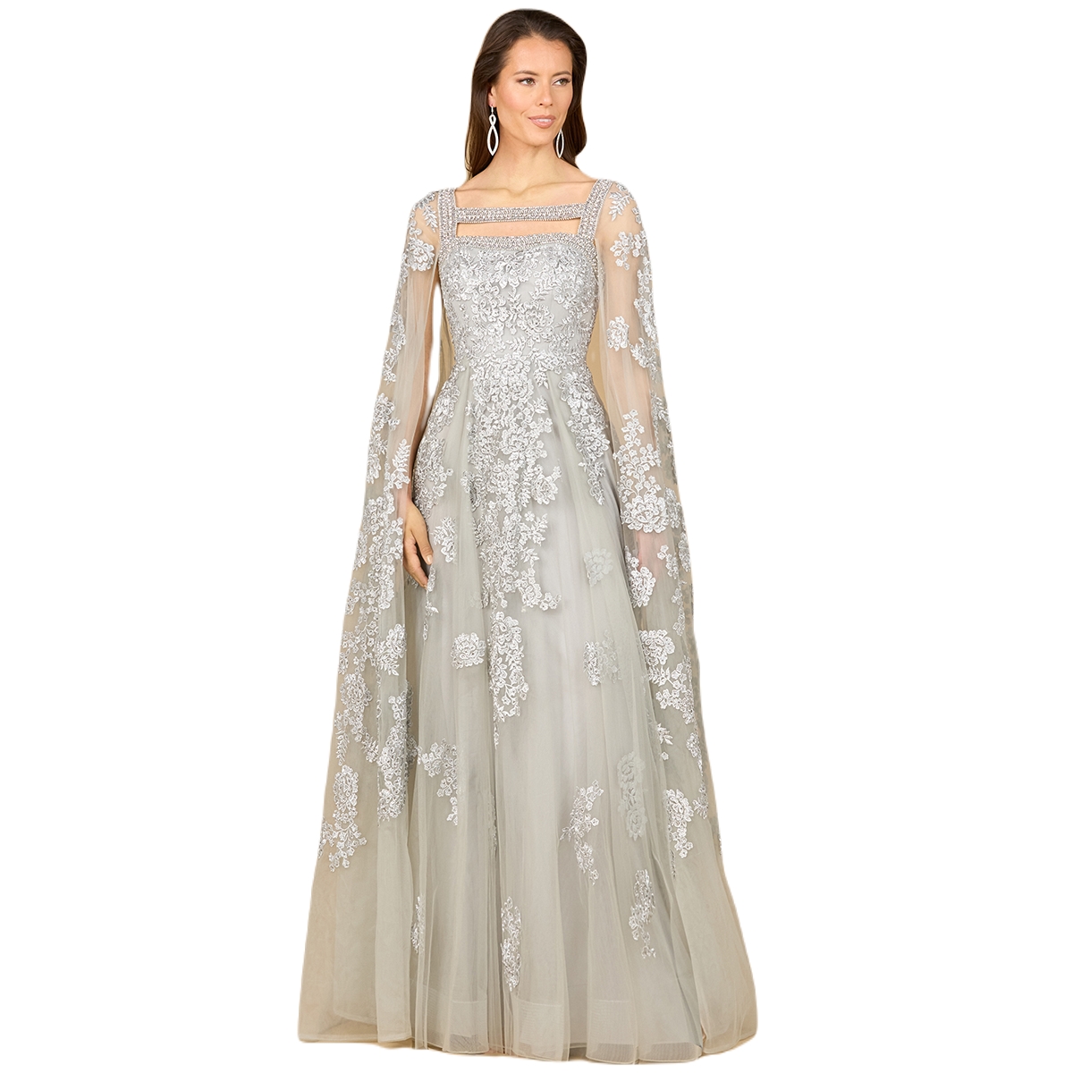 Click here for Lara Womens Lace gown with long cape sleeves - Sil... prices