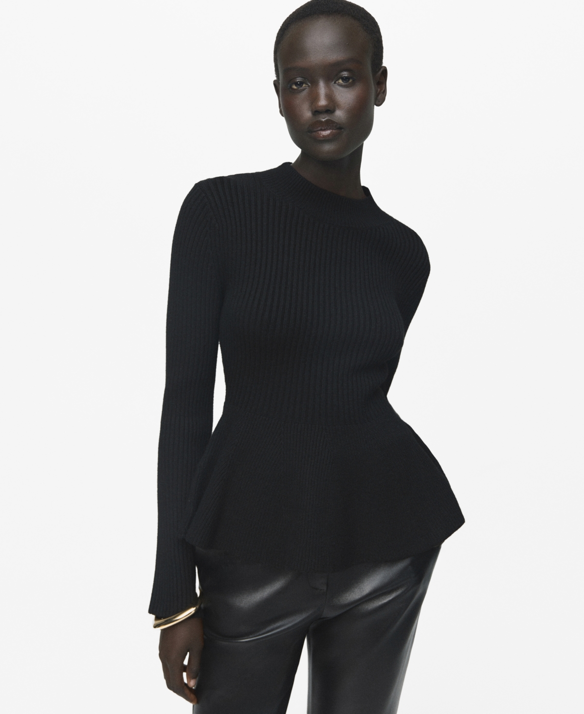 Click here for Mango Womens Ribbed Peplum Sweater - Black prices