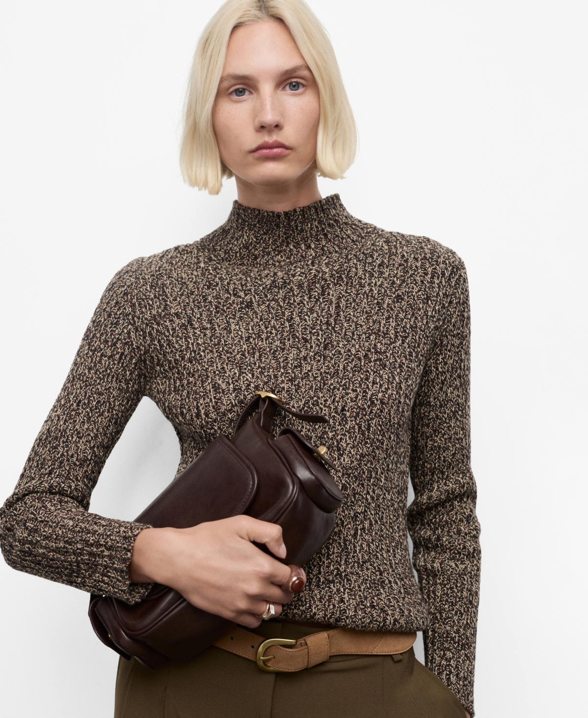 Click here for Mango Womens Speckled Perkins-Neck Sweater - Choco... prices