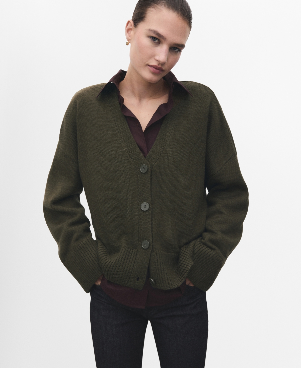 Click here for Mango Womens Oversized V-Neck Cardigan - Khaki prices