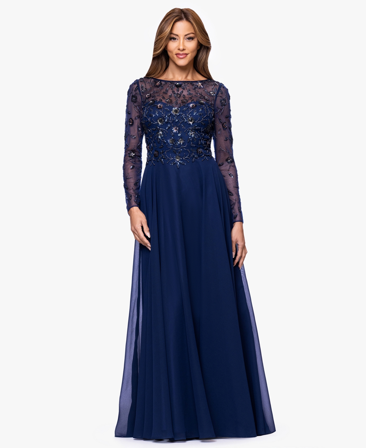 Click here for Xscape Womens Long-Sleeve Boat Neck Gown - Navy prices