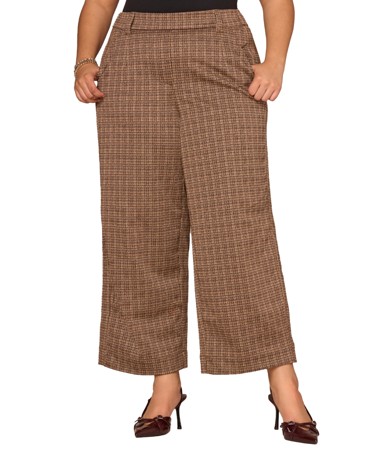 Click here for Democracy Plus Size Plaid Wide-Leg Pants - Brown M... prices
